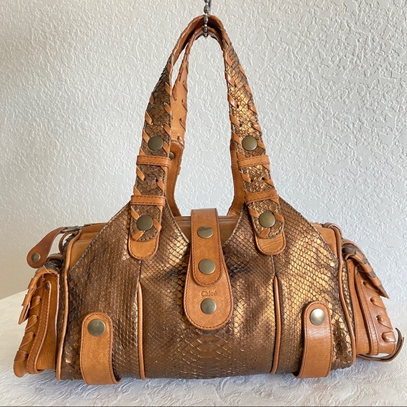 Chloe | Bags | Chloe Metallic Gold Python And Cognac Leather Silverado ...
